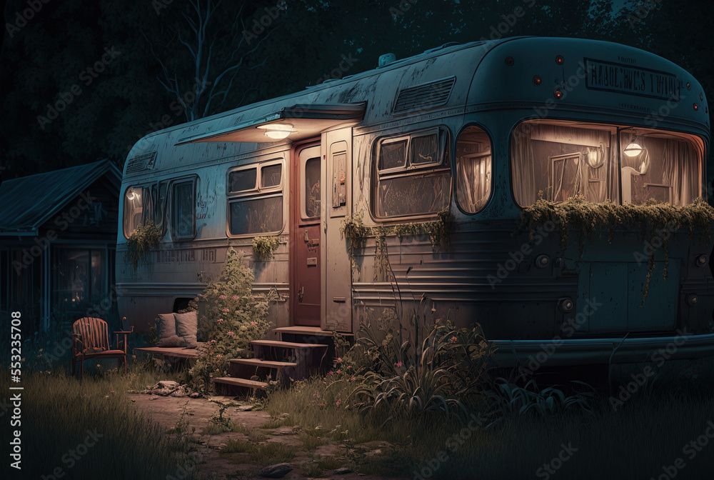 Abandoned camper, motorhome. post-apocalyptic desert landscape in the ...