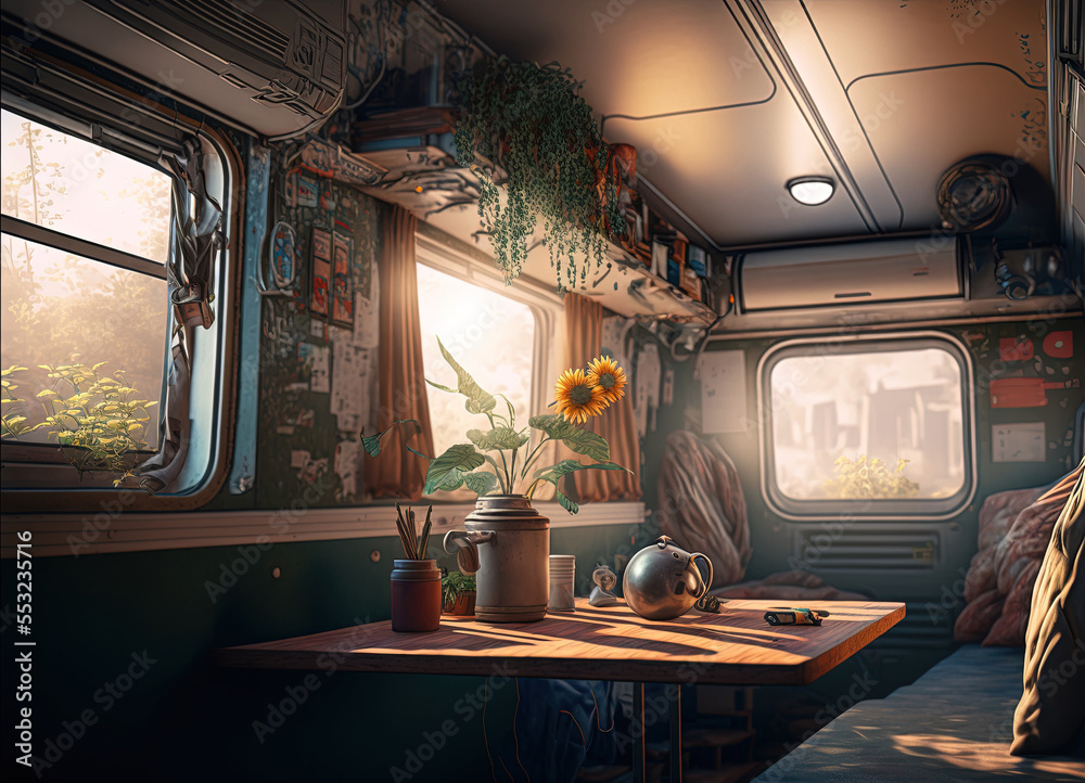 Abandoned camper, motorhome. post-apocalyptic desert landscape in the ...