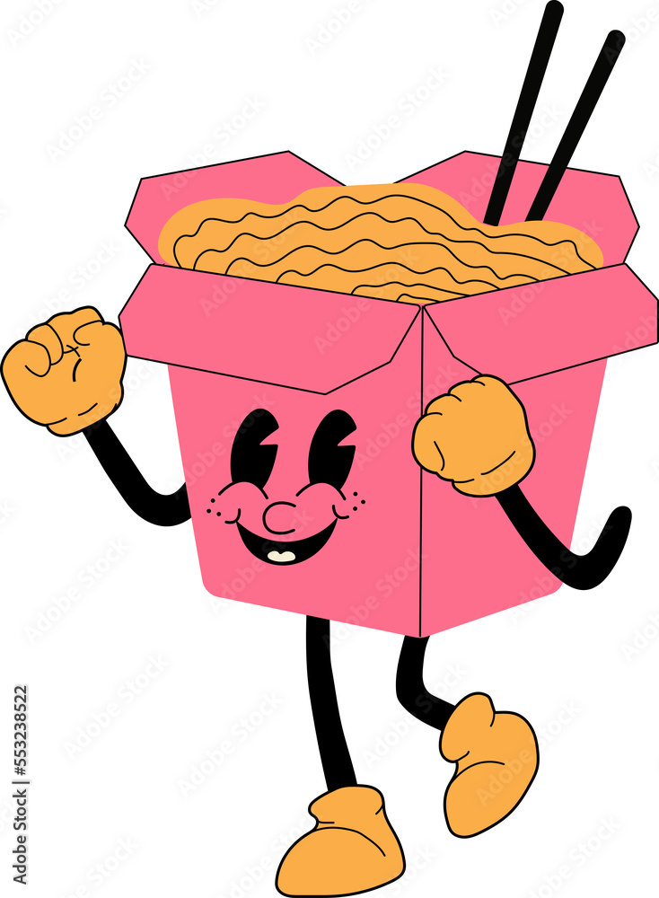 Asian wok box with ramen noodles. Cute cartoon character with hands ...