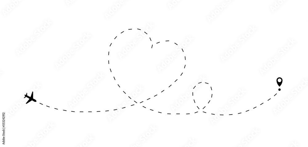 Air plane flight route with heart line trace isolated on white ...