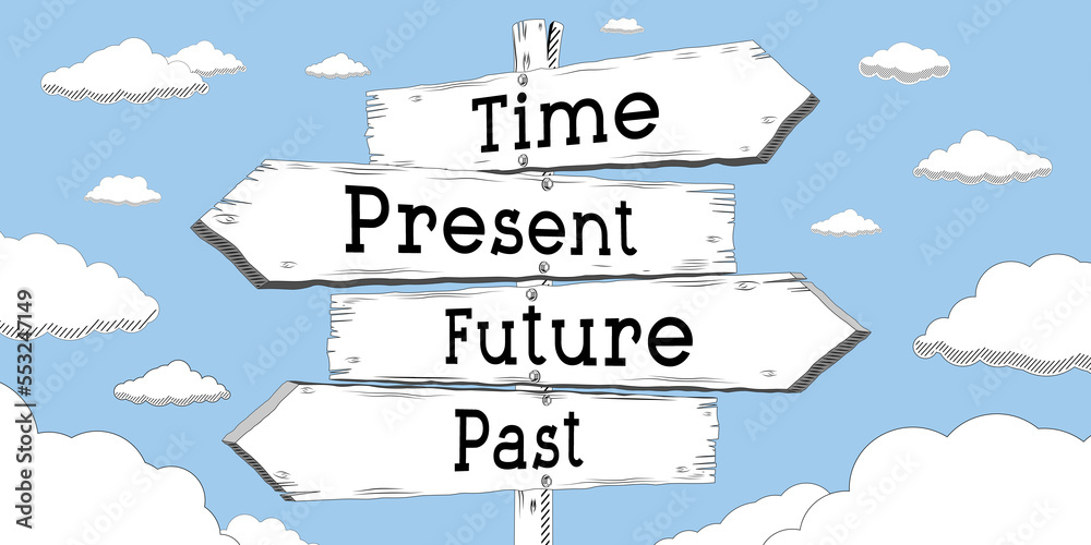 Time, present, future, past - outline signpost with four arrows Stock ...
