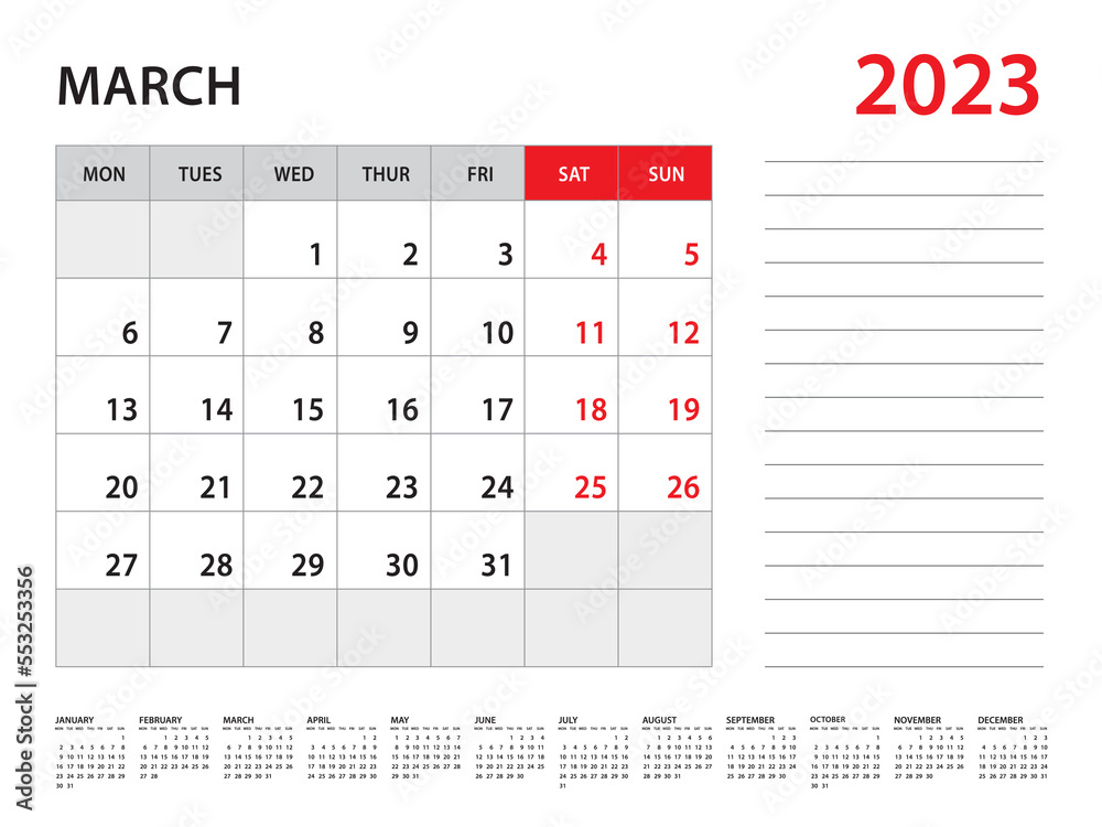 March 2023 year - Calendar 2023 template vector, week start on monday ...