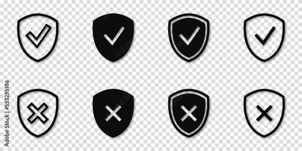 Shield check mark icon set. Protection approve sign. Safe icon. Tick ...