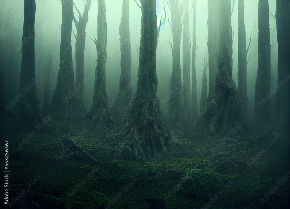 Creepy scarry forest of witch and heroic fantasy burton style old trees ...
