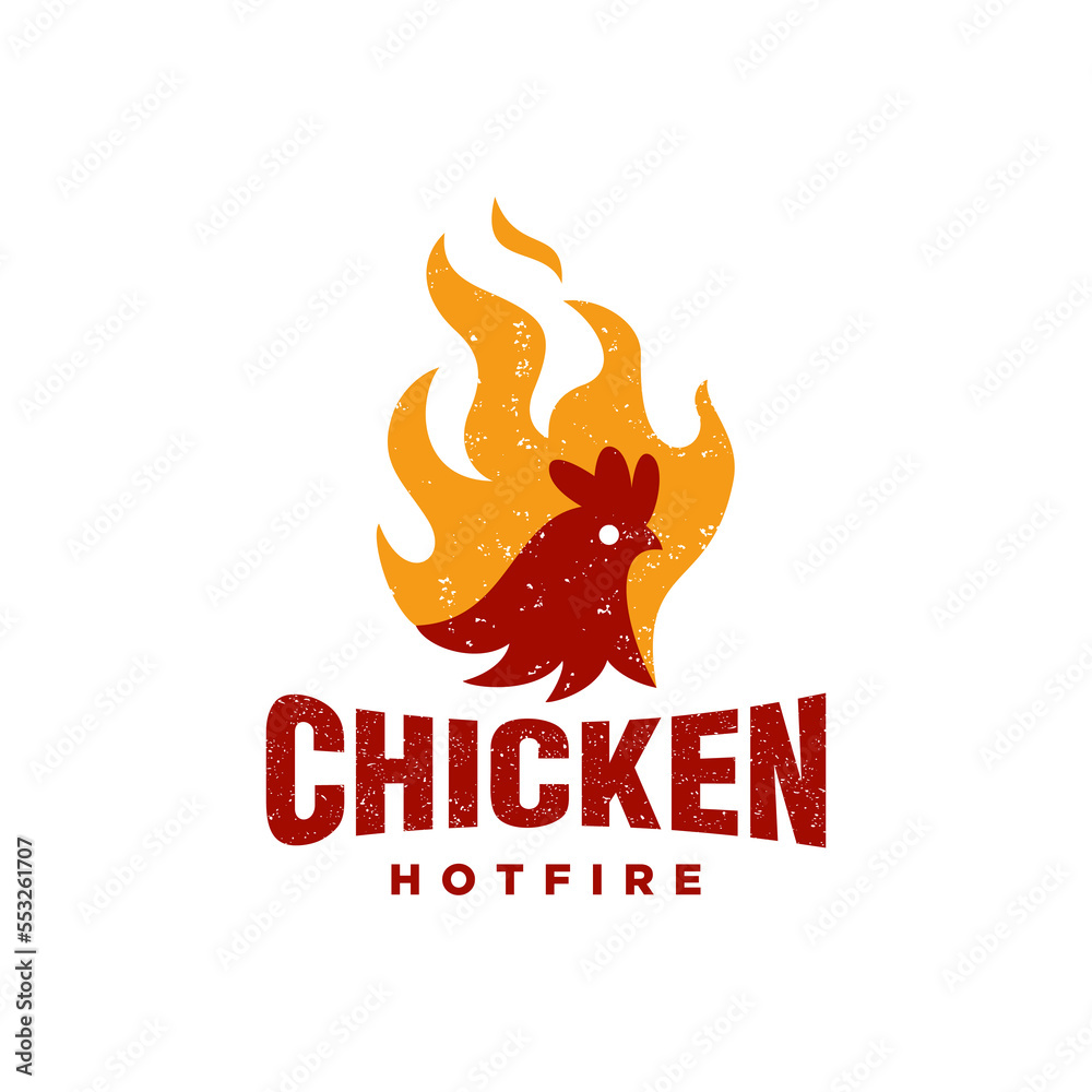chicken fire logo in rustic vintage, hen head with flame hot symbol ...
