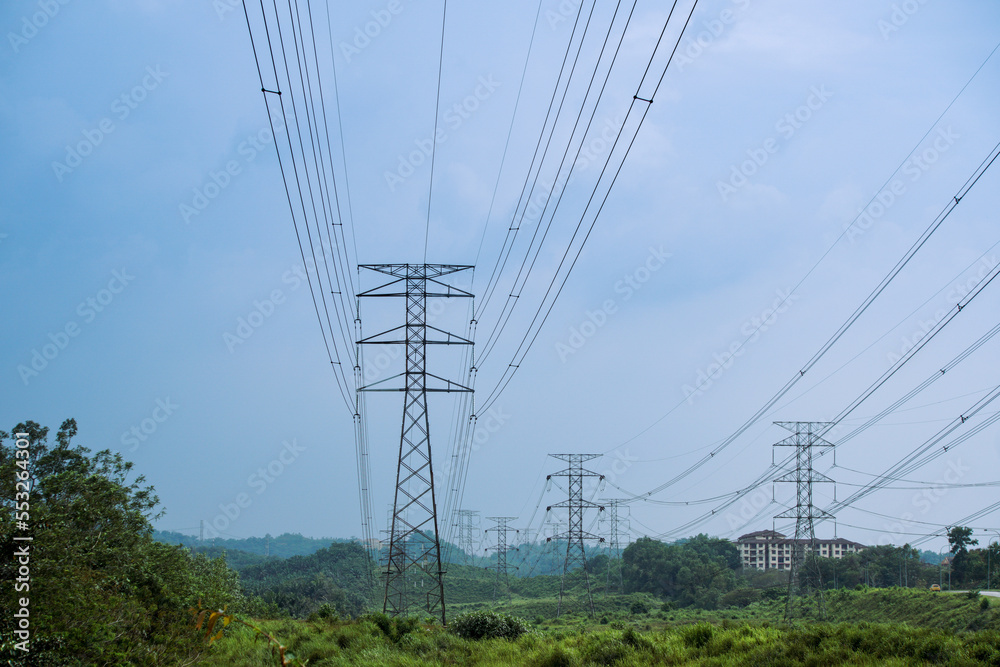 High voltage power tower industrial landscape at sunrise,urban power ...