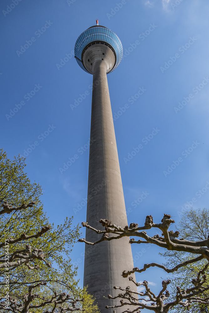 240m-tall Dusseldorf Rheinturm TV tower. Rhine tower (Rheinturm, built ...