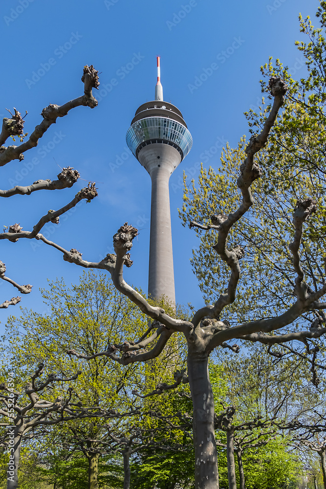 240m-tall Dusseldorf Rheinturm TV tower. Rhine tower (Rheinturm, built ...