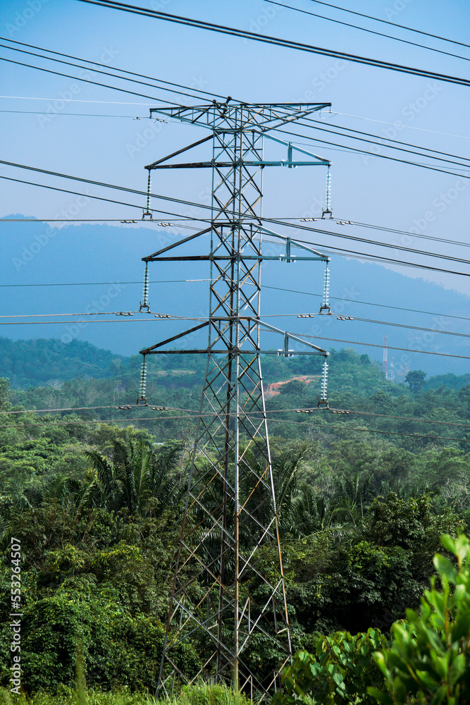 High voltage power tower industrial landscape at sunrise,urban power ...