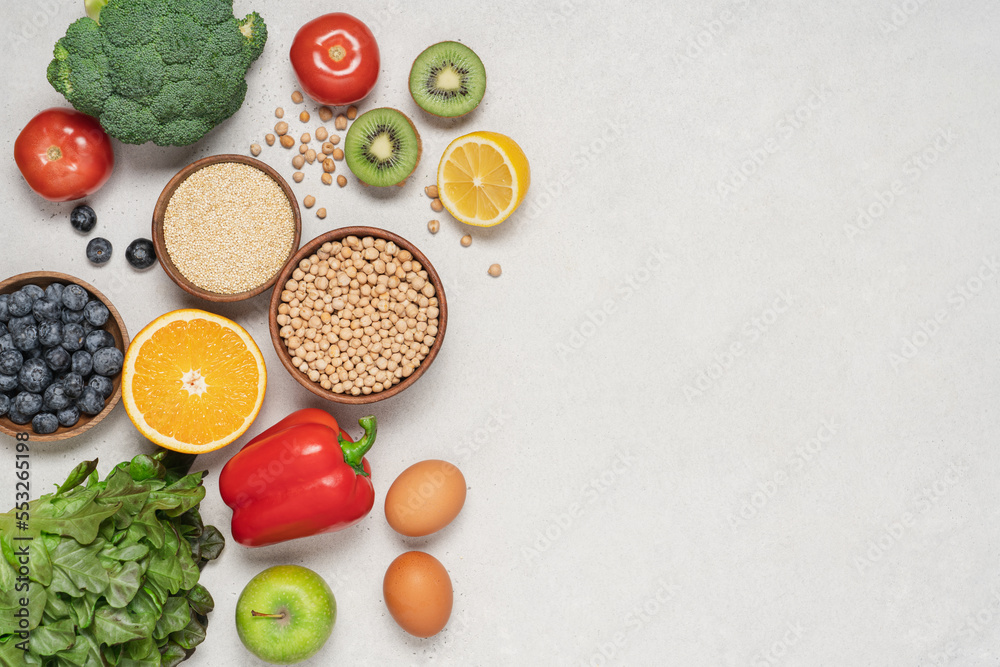 Healthy food. Vegetables, fruits, berries, beans, cereals and lettuce ...
