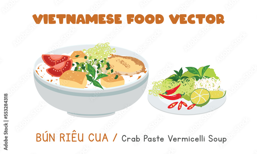 Vietnamese crab paste and tomato vermicelli rice noodle soup flat ...