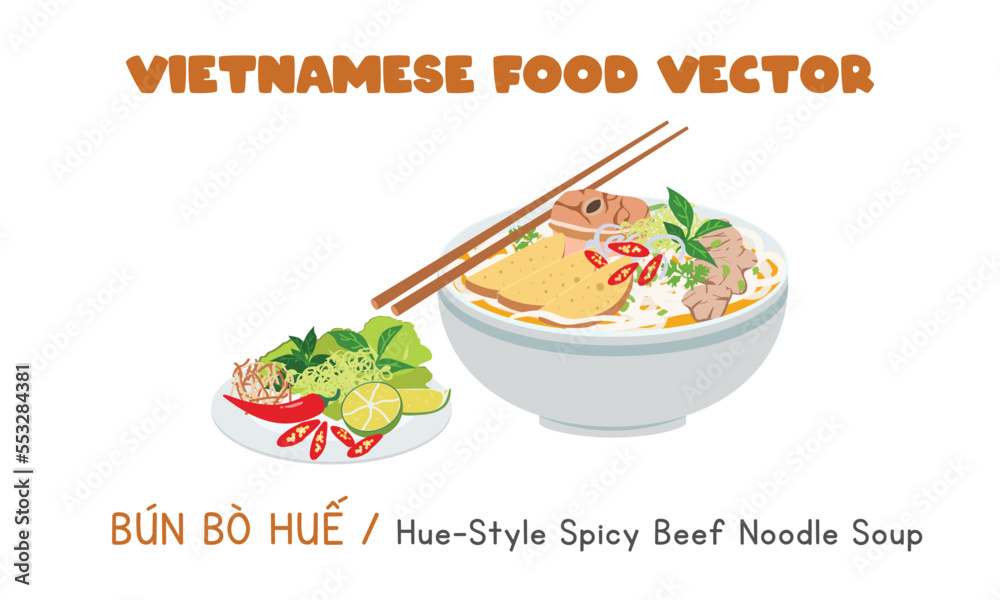 Vietnamese Hue style spicy beef noodle soup flat vector design. Bun Bo ...