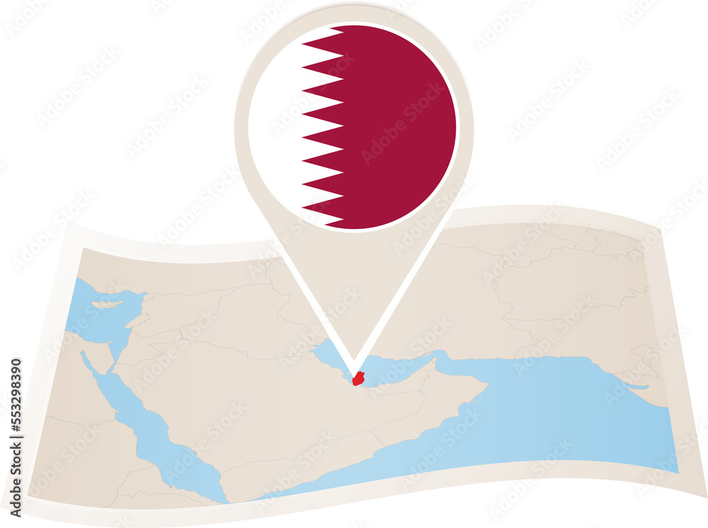 Folded paper map of Qatar with flag pin of Qatar. Stock Illustration ...