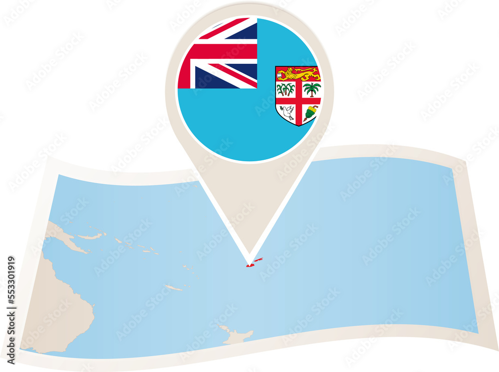 Folded paper map of Fiji with flag pin of Fiji. Stock Illustration ...