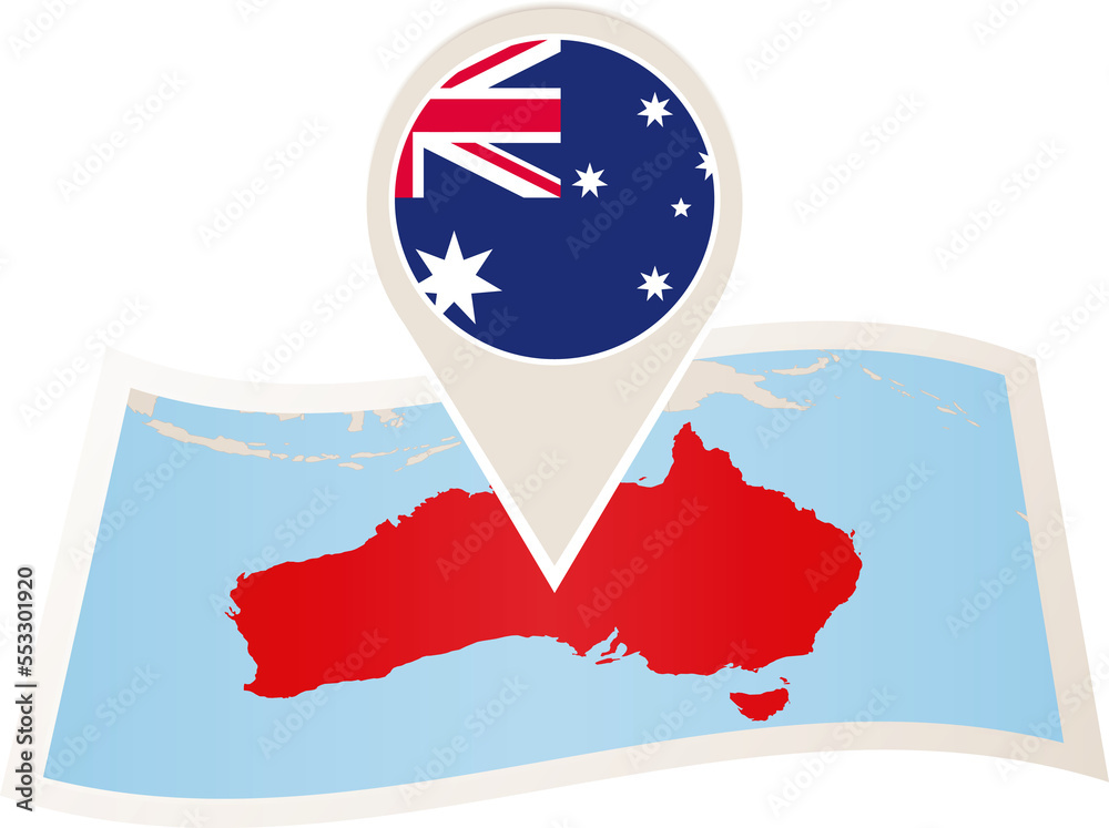 Folded paper map of Australia with flag pin of Australia. Stock ...