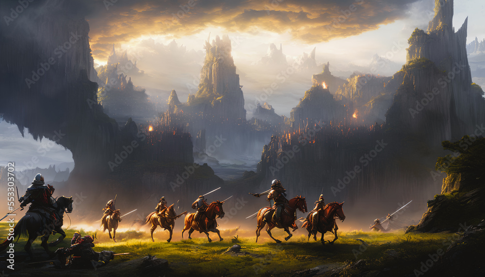 Painting of a knights on horseback in a fantasy landscape, charging ...