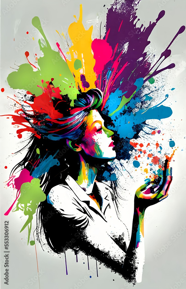 Dynamic image of a woman with rainbow paint exploding from her head ...