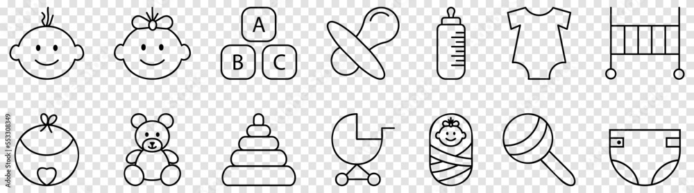 Baby icons. Toys, feeding and care icons. Vector illustration isolated ...
