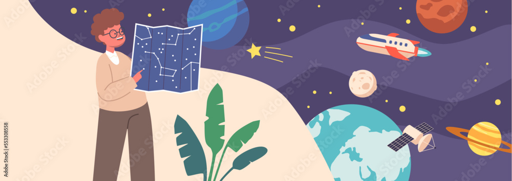 Astronomy Science, Kids Education Concept. Little Boy Character ...