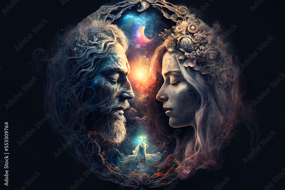 Drawing of 2 soulmates with abstract spiritual energy. Generative AI ...