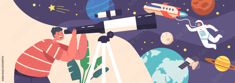 Space Observation Hobby, Curious Boy Look In Telescope, Child Studying ...