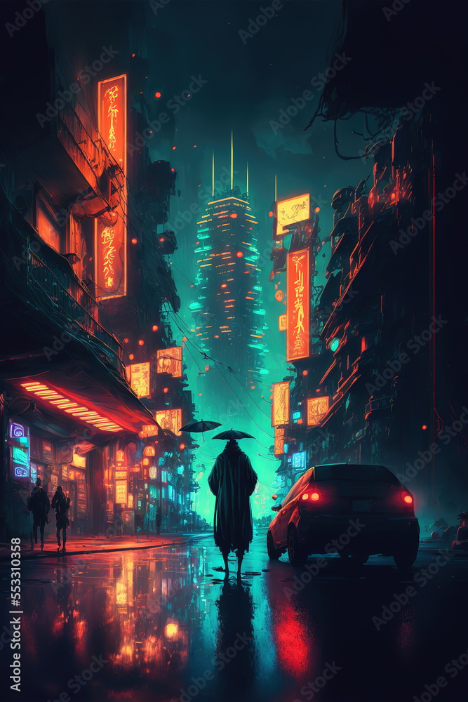 Concept art illustration of cityscape of asian cyberpunk city at night ...