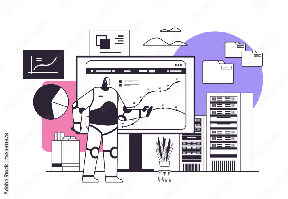 Robot Monitoring Financial Statistics Data Monitor Robotic Character