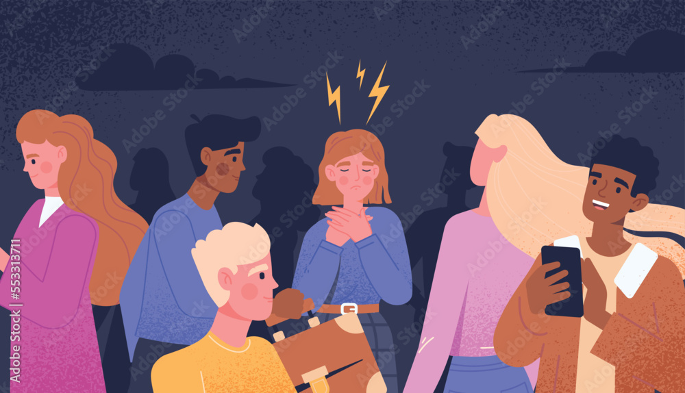 Sad girl in crowd. Woman holds hands on her chest and looks down ...