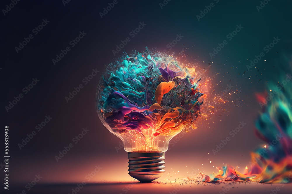 Lightbulb eureka moment with Impactful and inspiring artistic colourful ...