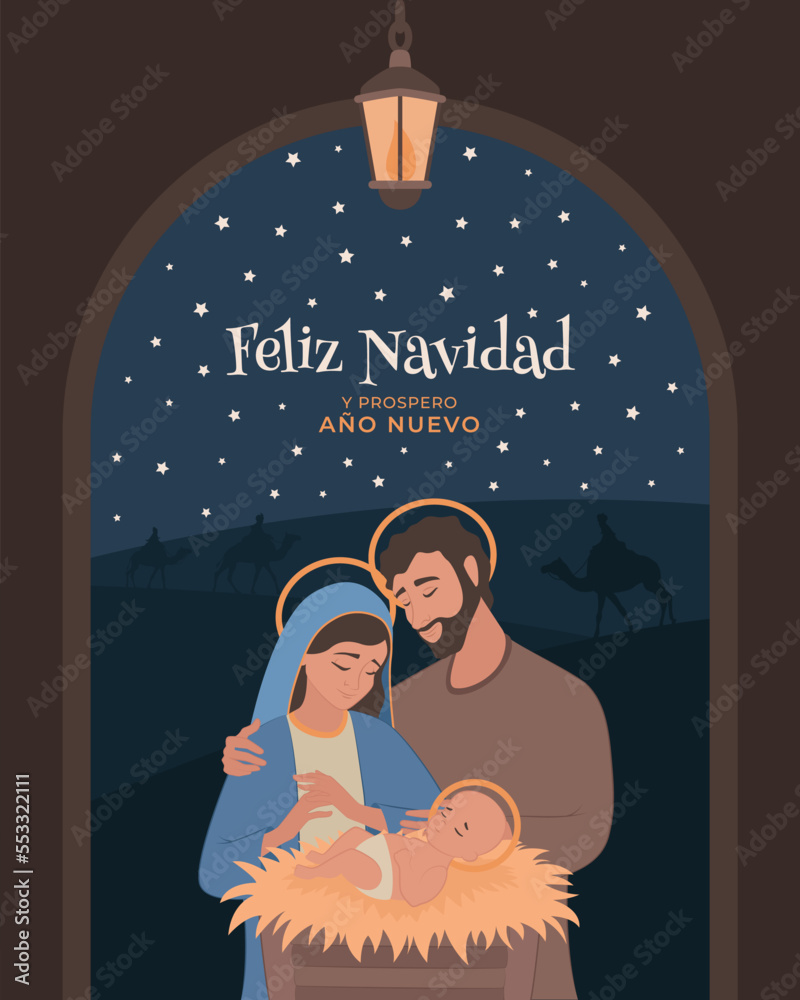 Feliz navidad. Pesebre. Nochebuena. Ilustración de la sagrada familia ...