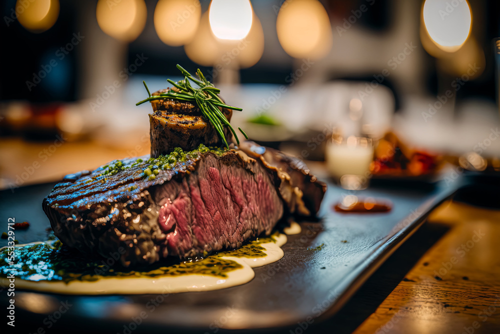 Tasty steak in a restaurant Stock Illustration | Adobe Stock