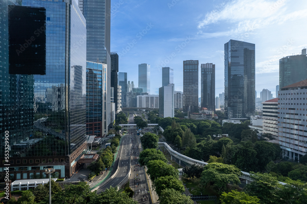 magnificent view of panoramic jakarta skyline with drone. Jakarta is ...