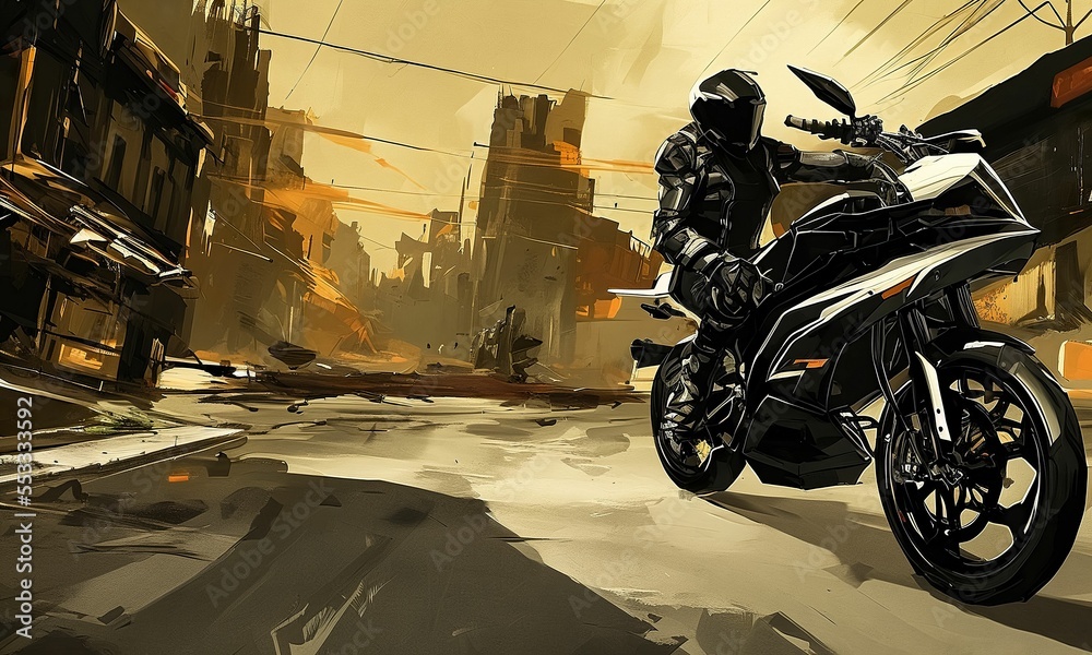 Motorbike sci-fi fantasy illustration conceptual dystopian style scene ...