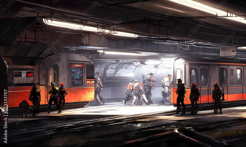 ภาพประกอบสต็อก Train station sci-fi fantasy illustration conceptual ...