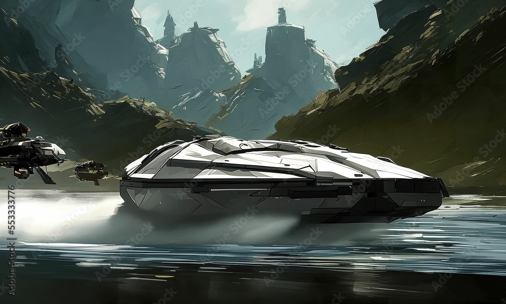 Speed boat sci-fi fantasy illustration conceptual dystopian style scene ...
