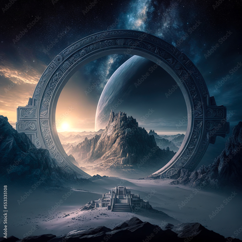 Sci-fi Fantasy landscape Stargate portal with the moon - Fictitious ...