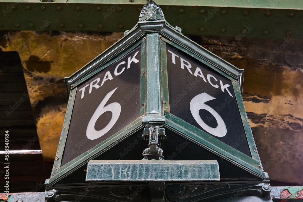 Train track sign detail Track number six 66 route 66 Stock Photo ...