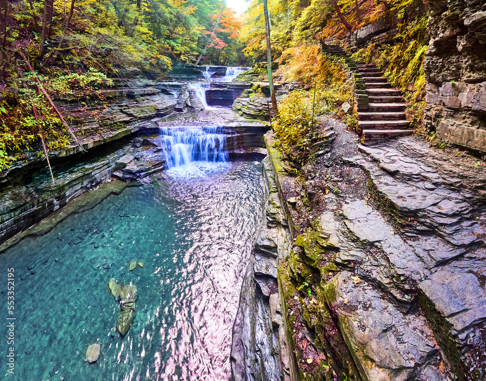 Beautiful turquoise waters in gorge of Upstate New York along stone ...