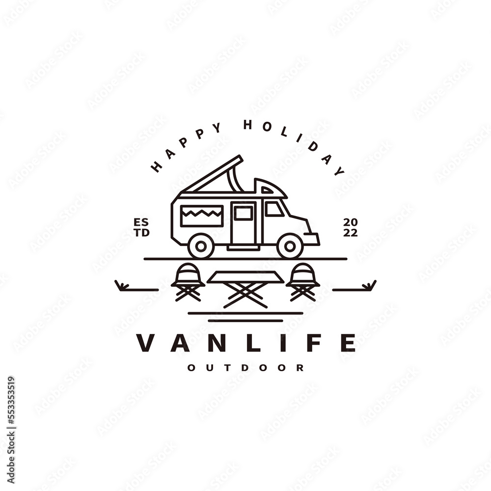 camper van badges logo with line art style, chair, table and vehicle ...