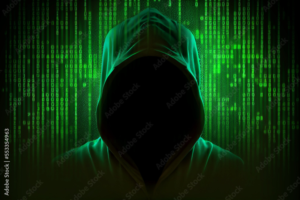 Hacker with the hoodie and digital green digital matrix background ...