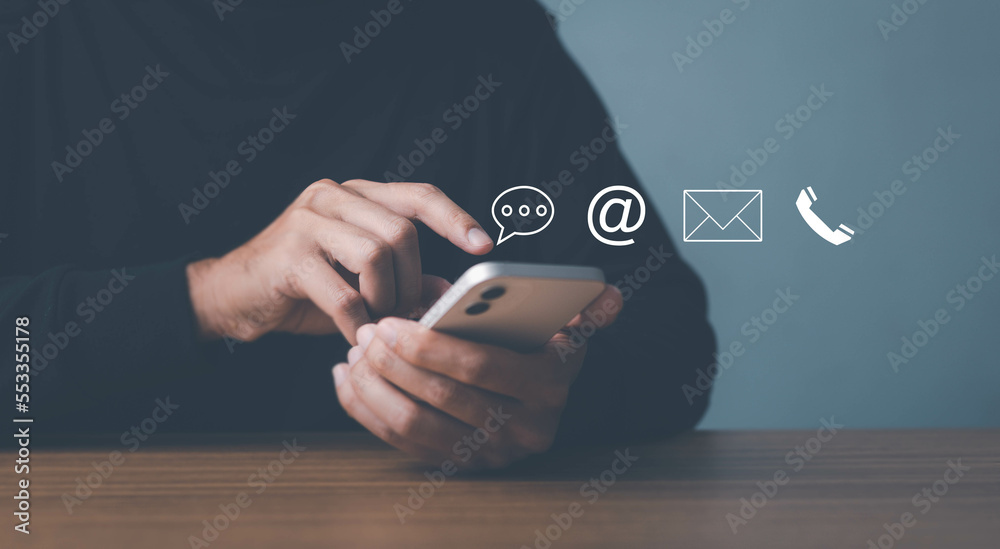 Man use smartphone contact us or e-mail marketing concept, Customer ...