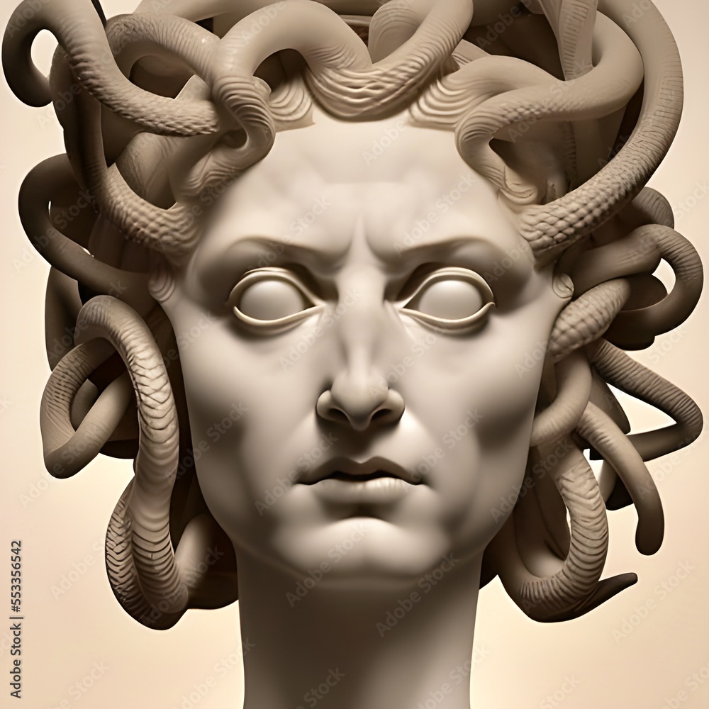 Generative AI image featuring a white marble bust of Medusa, otherwise ...