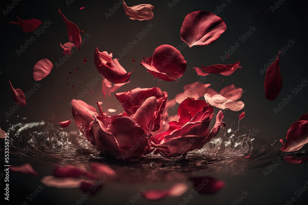 red roses splashing into water, rose petals falling into a bath or a ...