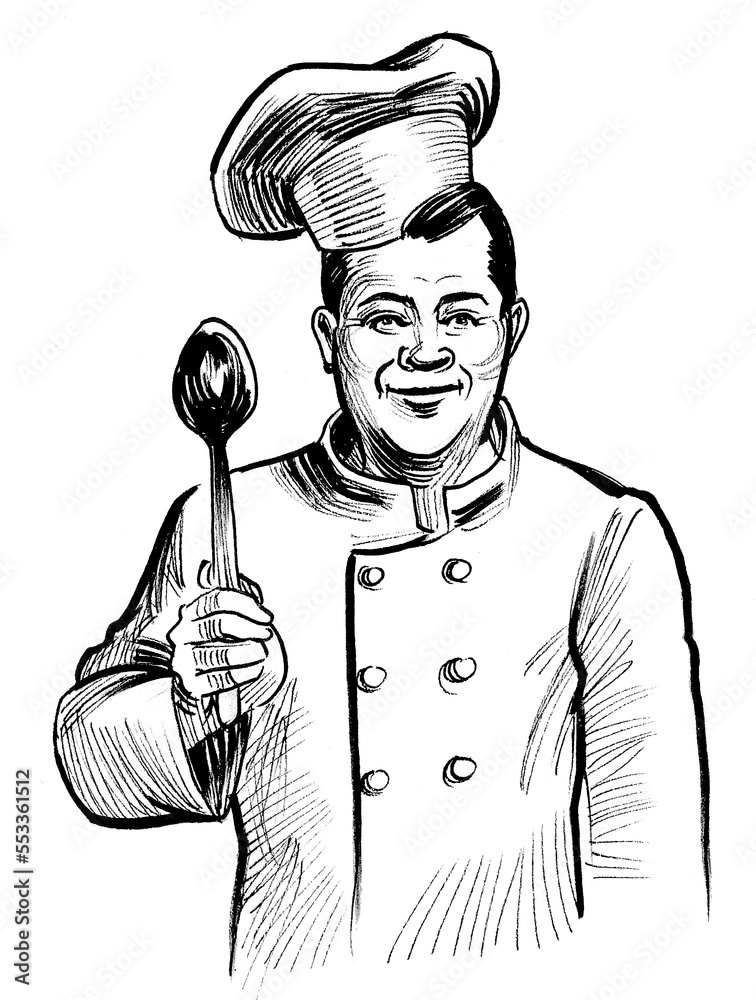 Restaurant chef with a spoon. Ink black and white drawing Stock ...