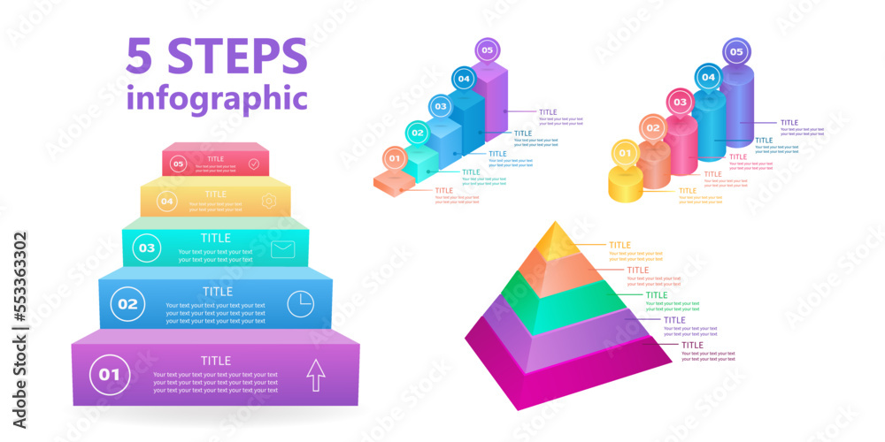 Business infographics. A set of stairs and pyramids of 5 steps. 3 D ...