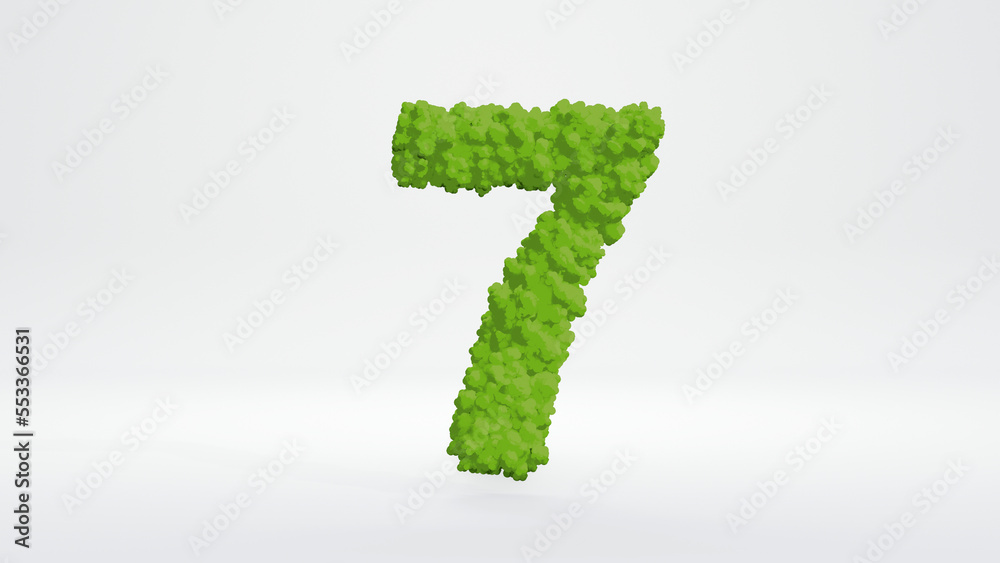 3D illustration of number seven. Cute green bush cartoon style ...