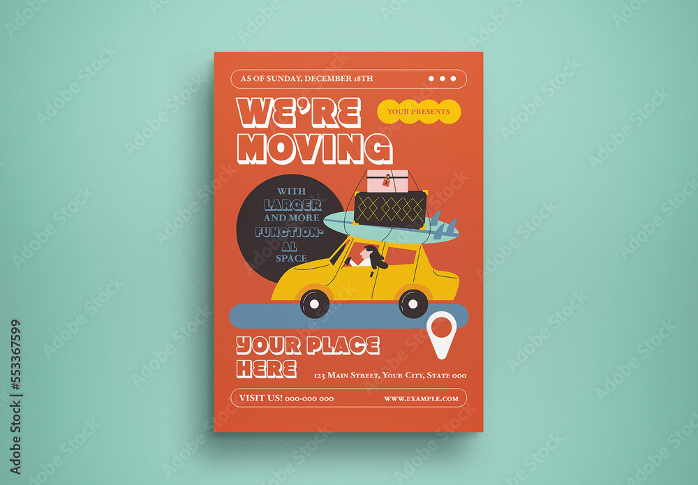 Red Retro We're Moving Flyer Stock Template | Adobe Stock
