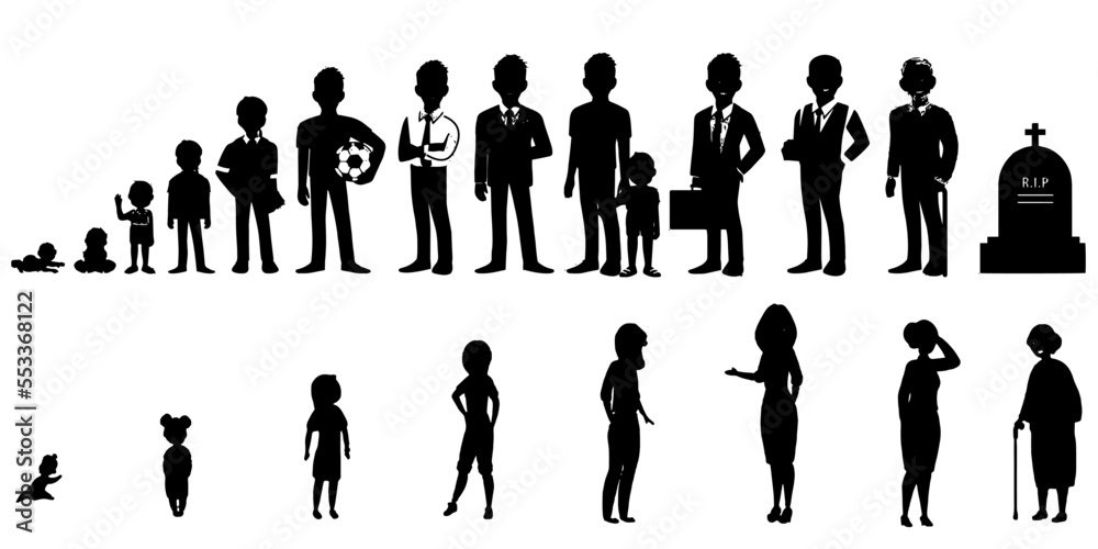 Human in different ages. Silhouette profile of male and female person ...