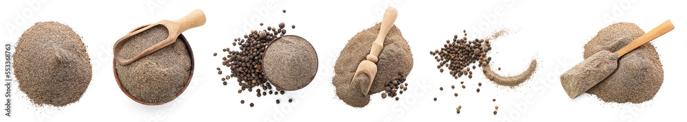 Collage of black pepper powder on white background, top view Stock ...