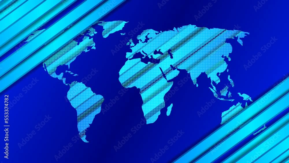 blue background animation with World map and moving strips on both ...